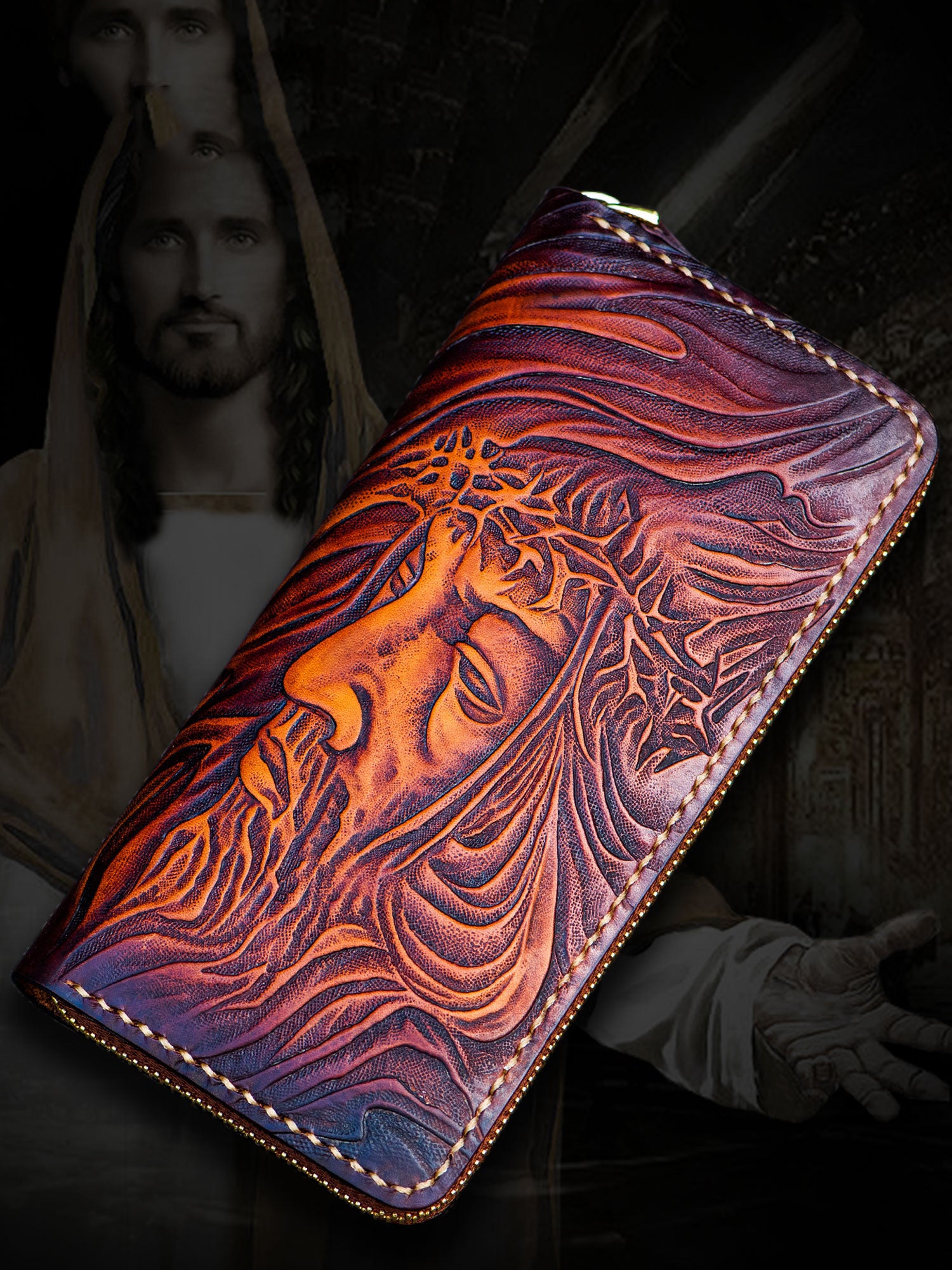 Handmade Biker Zipper Clutch Tooled Leather Wallet Jesus Tooled Leathe