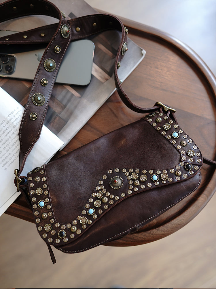 Western Coffee Womens Rivets Small Shoulder Bag Small Rivets Crossbody
