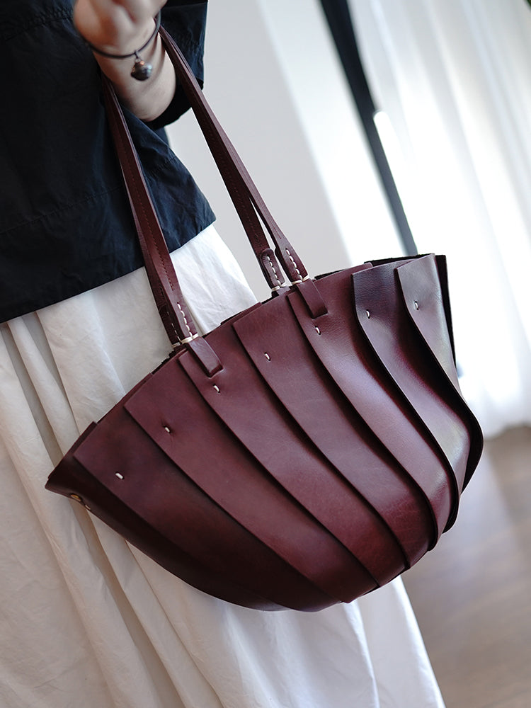 Vintage Black Leather Splicing Bucket Handbag Tote Women Handmade Shou