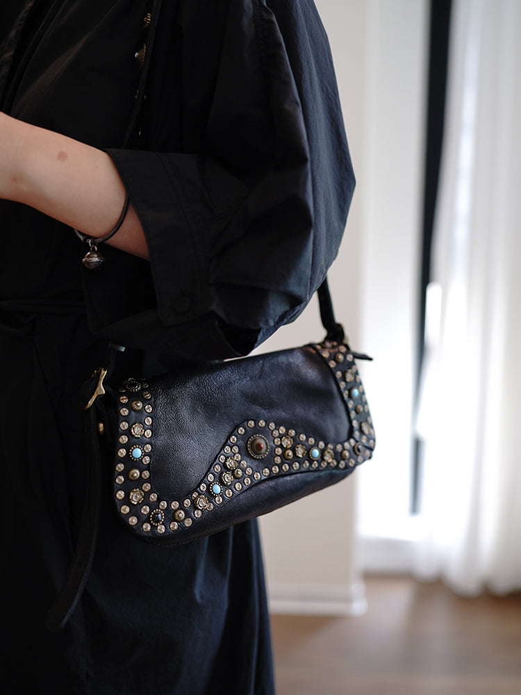 Western Coffee Womens Rivets Small Shoulder Bag Small Rivets Crossbody