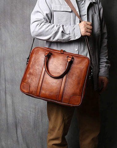 Vintage Leather Mens Briefcase Handbag Work Bag 15.6'' Laptop Briefcas