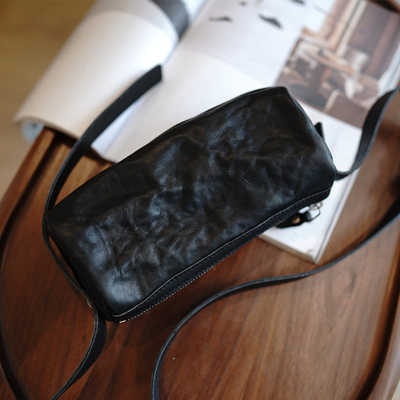 Black Leather Small Phone Shoulder Bag Vintage Women Black Slim Crossb