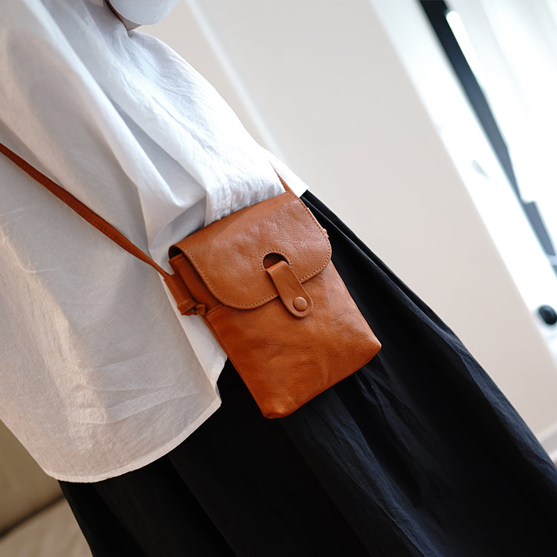 Classic Coffee Leather Small Phone Shoulder Bag Women Vertical Crossbo