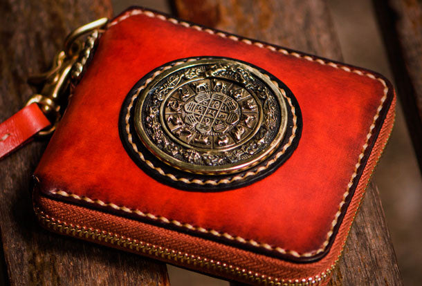 Handmade leather Mens Tibet Small biker wallet zipper billfold Chain ...