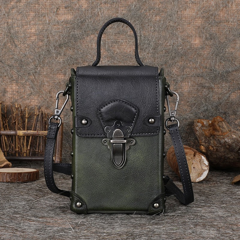 Red Brown Leather Womens Small Box Shoulder Bag Cube Small Handmade Ha