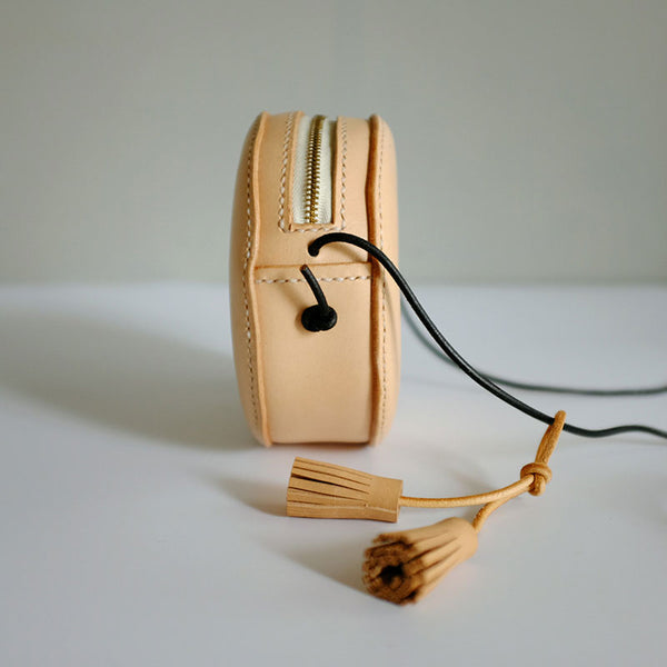 Cute Leather Beige Womens Small Round Crossbody Purse Circle Shoulder