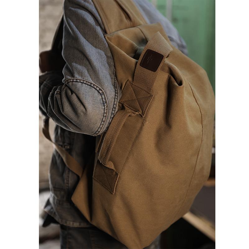 Khaki Canvas Mens Large Backpack Travel Backpack Canvas Barrel Backpac