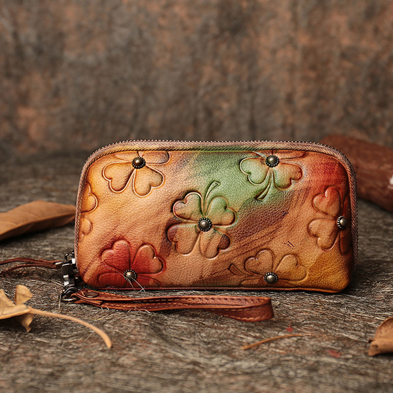 Handmade Green Womens Clover Leather Long Wallet Zipper Clutch Wristlet ...