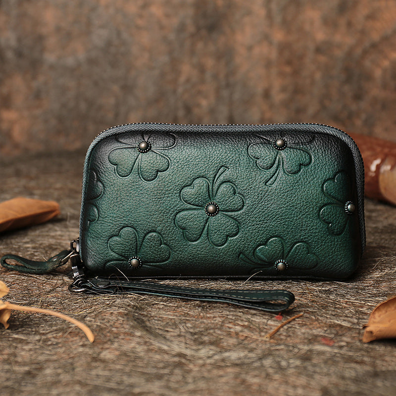Handmade Green Womens Clover Leather Long Wallet Zipper Clutch Wristlet ...