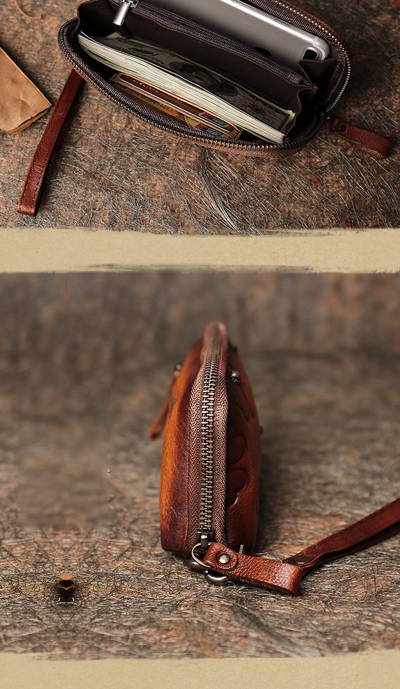 Handmade Green Womens Clover Leather Long Wallet Zipper Clutch Wristlet ...