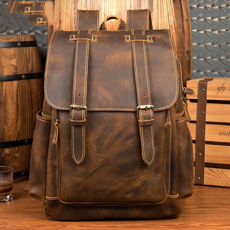 Dark Brown Fashion Mens Leather 15-inch Brown Computer Backpacks Brown