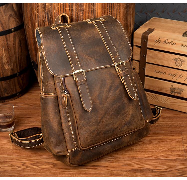 Dark Brown Fashion Mens Leather 15-inch Brown Computer Backpacks Brown