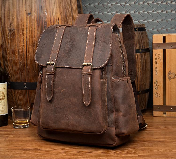 Dark Brown Fashion Mens Leather 15-inch Brown Computer Backpacks Brown