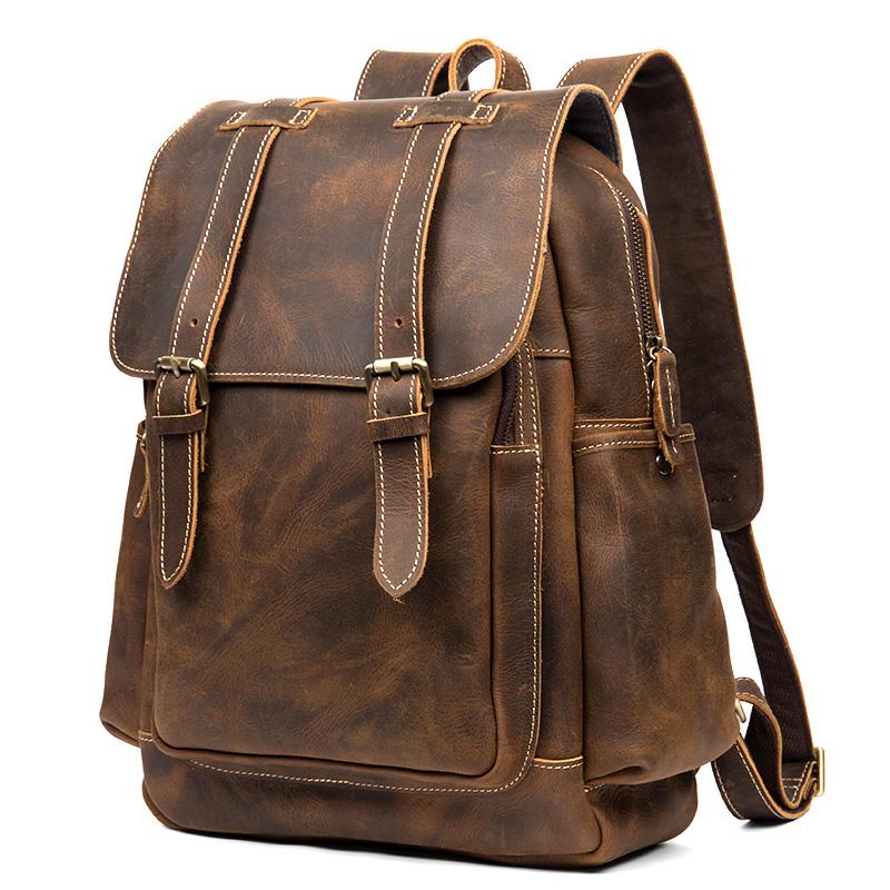 Dark Brown Fashion Mens Leather 15-inch Brown Computer Backpacks Brown