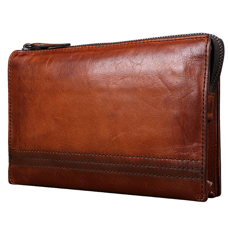 Handmade Brown Leather Mens Long Wallet Wristlet Wallet Brown Zipper ...