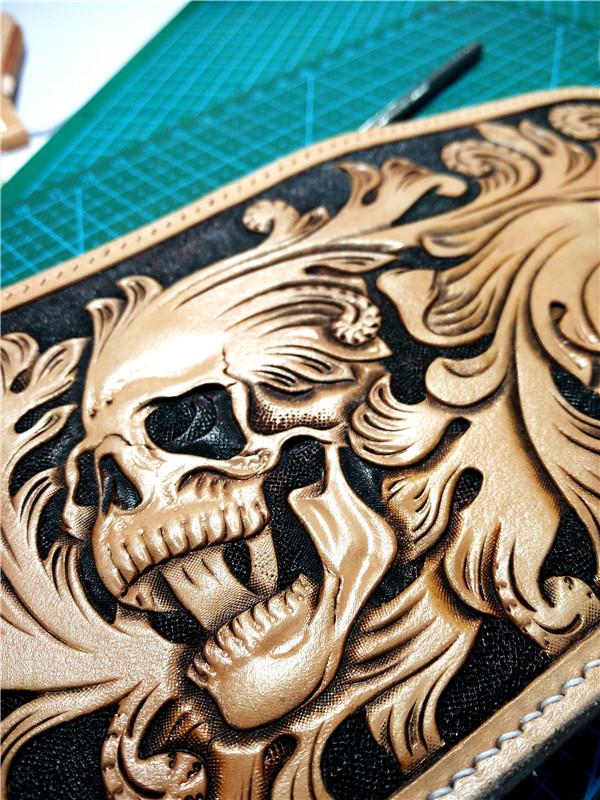 Handmade Leather billfold Tooled Skull Biker Wallet Mens Wallet With ...