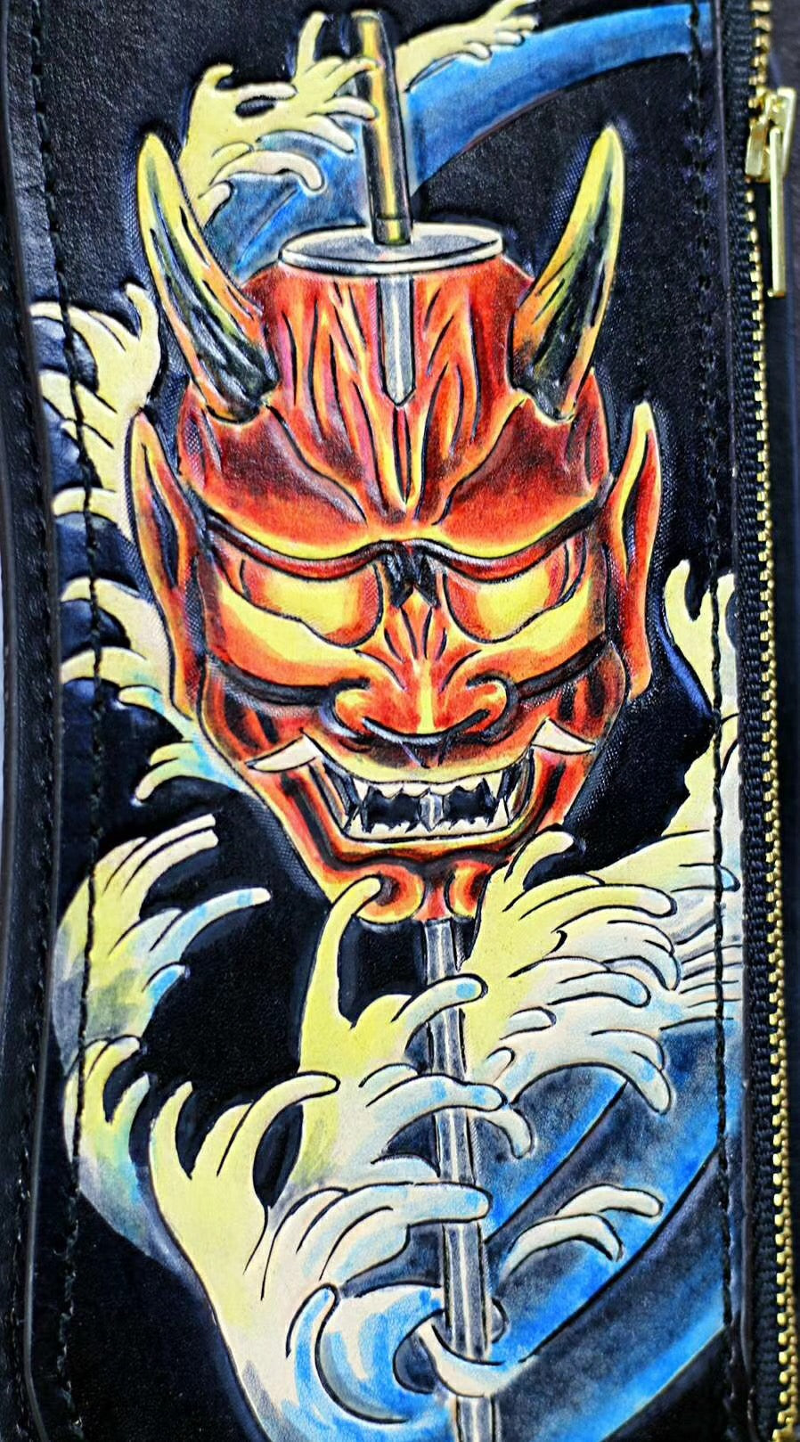 Handmade Leather Tooled Japanese Samurai Biker Chain Wallet Long Walle