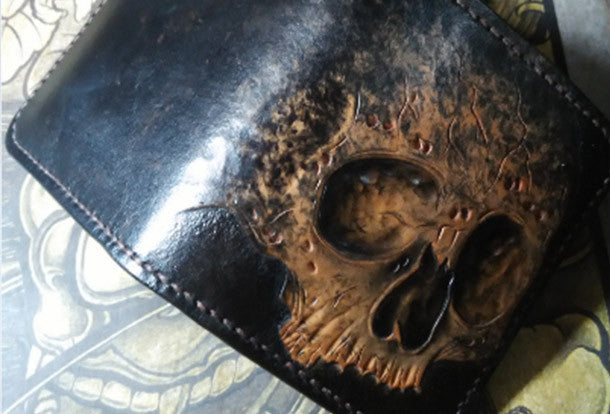 Handmade skull small leather wallet men tooled cool billfold wallet for ...
