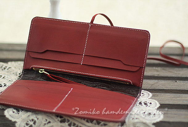 Handmade red vintage sweet cute flower leather long bifold wallet for