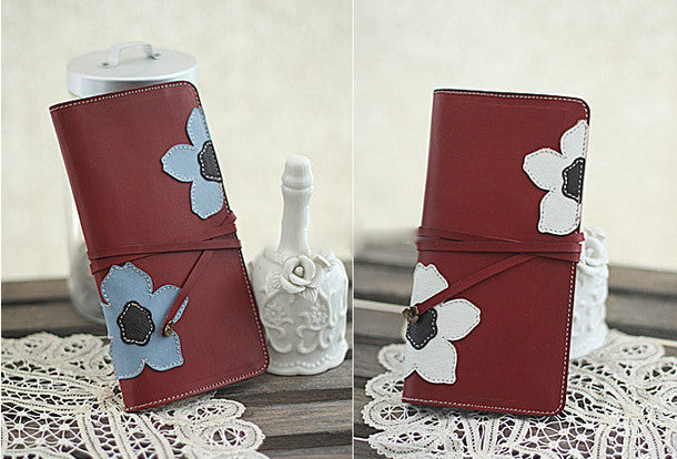 Handmade red vintage sweet cute flower leather long bifold wallet for