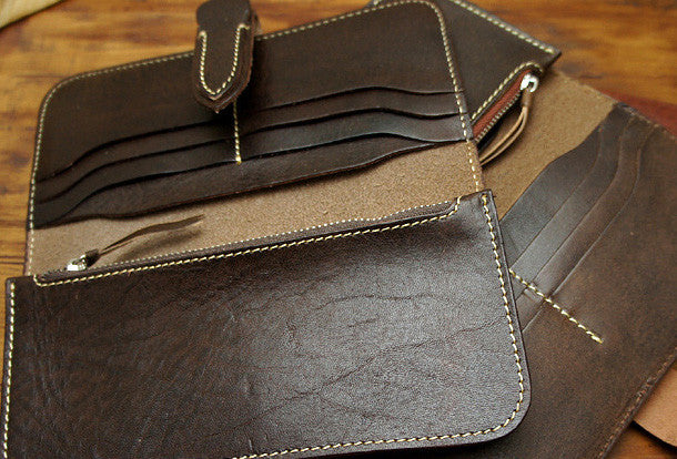 Handmade biker wallet leather with chain coffee red brown Long wallet