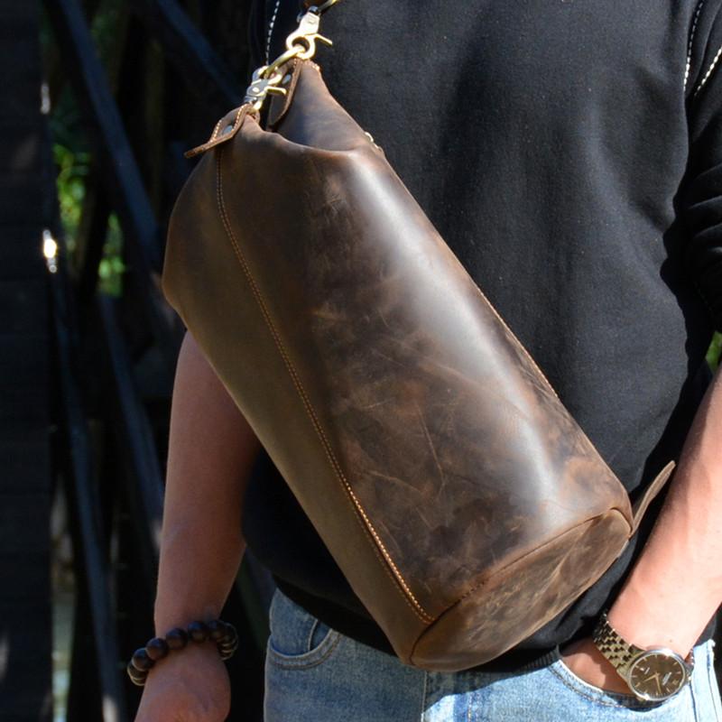Cool Mens Leather Barrel Chest Bags Bucket Sling Bag One Shoulder ...