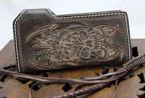 Handmade coffee leather punk Halley skull carved biker wallet Long wal