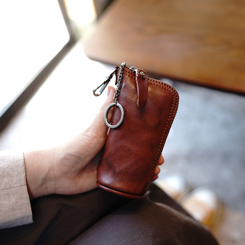 Vintage Women Tan Leather Zip Key Wallet Car Key Holder Coin Wallet Co