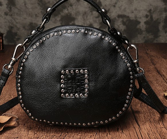 Vintage Brown Leather Womens Round Handbag Black Shoulder Circle Bag P