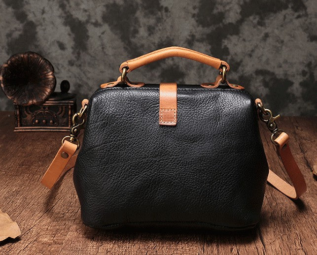 Vintage Handmade Leather Brown Womens Doctor Handbag Shoulder Bag Blac