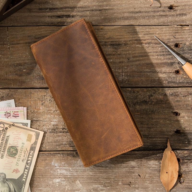 Vintage Slim Cool Mens long Wallet Leather Wallet Bifold Long Wallets