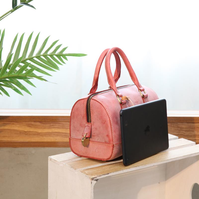 Vintage Womens Waxed Leather Green Boston Handbags Purse Small Green S