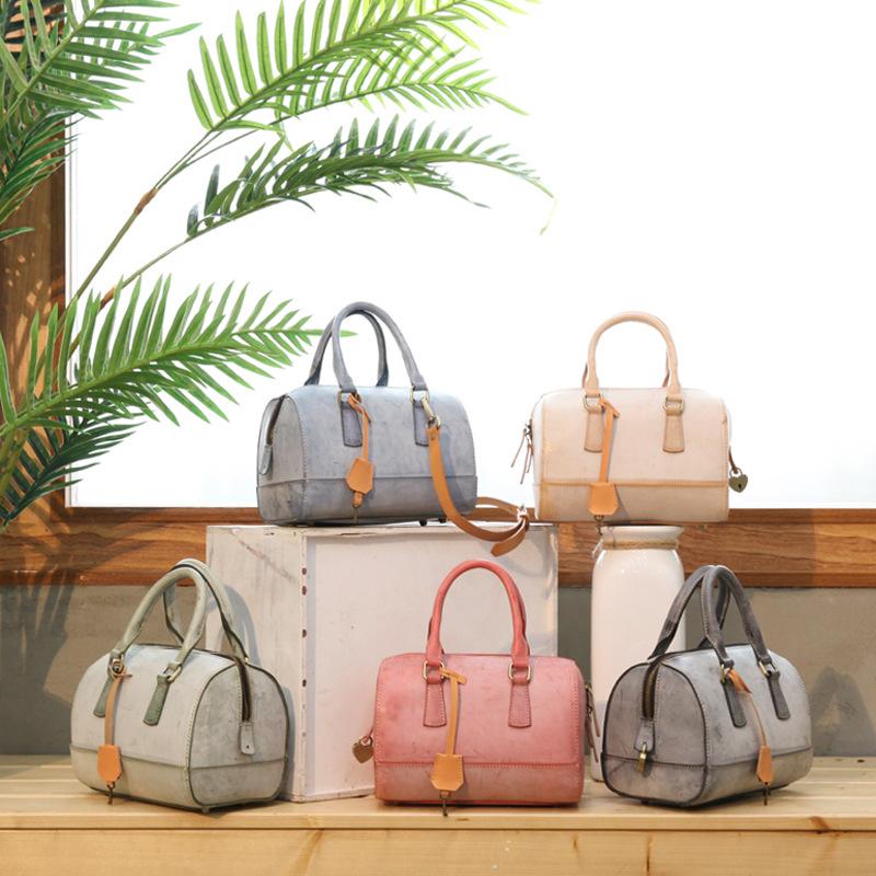 Vintage Womens Waxed Leather Green Boston Handbags Purse Small Green S